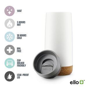 Ello Cole 16oz Vacuum Insulated Travel Coffee Mug with Leak-Proof Slider Lid and Built-in Coaster, Keeps Hot for 5 Hours, Perfect for Coffee or Tea, BPA-Free Tumbler, Grey