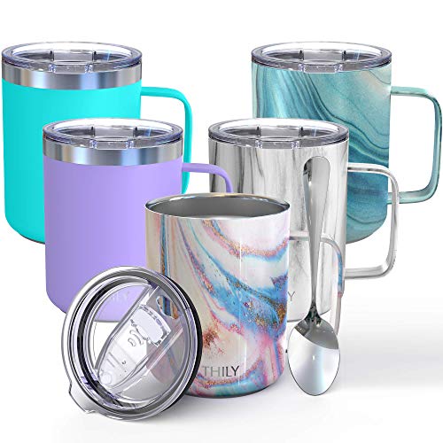 THILY Stainless Steel Insulated Coffee Mug 12 oz Vacuum Insulated Coffee Cup with Handle, Spill-Proof Lid, Keep Coffee Cold, Pink Ripple