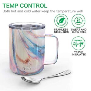 THILY Stainless Steel Insulated Coffee Mug 12 oz Vacuum Insulated Coffee Cup with Handle, Spill-Proof Lid, Keep Coffee Cold, Pink Ripple