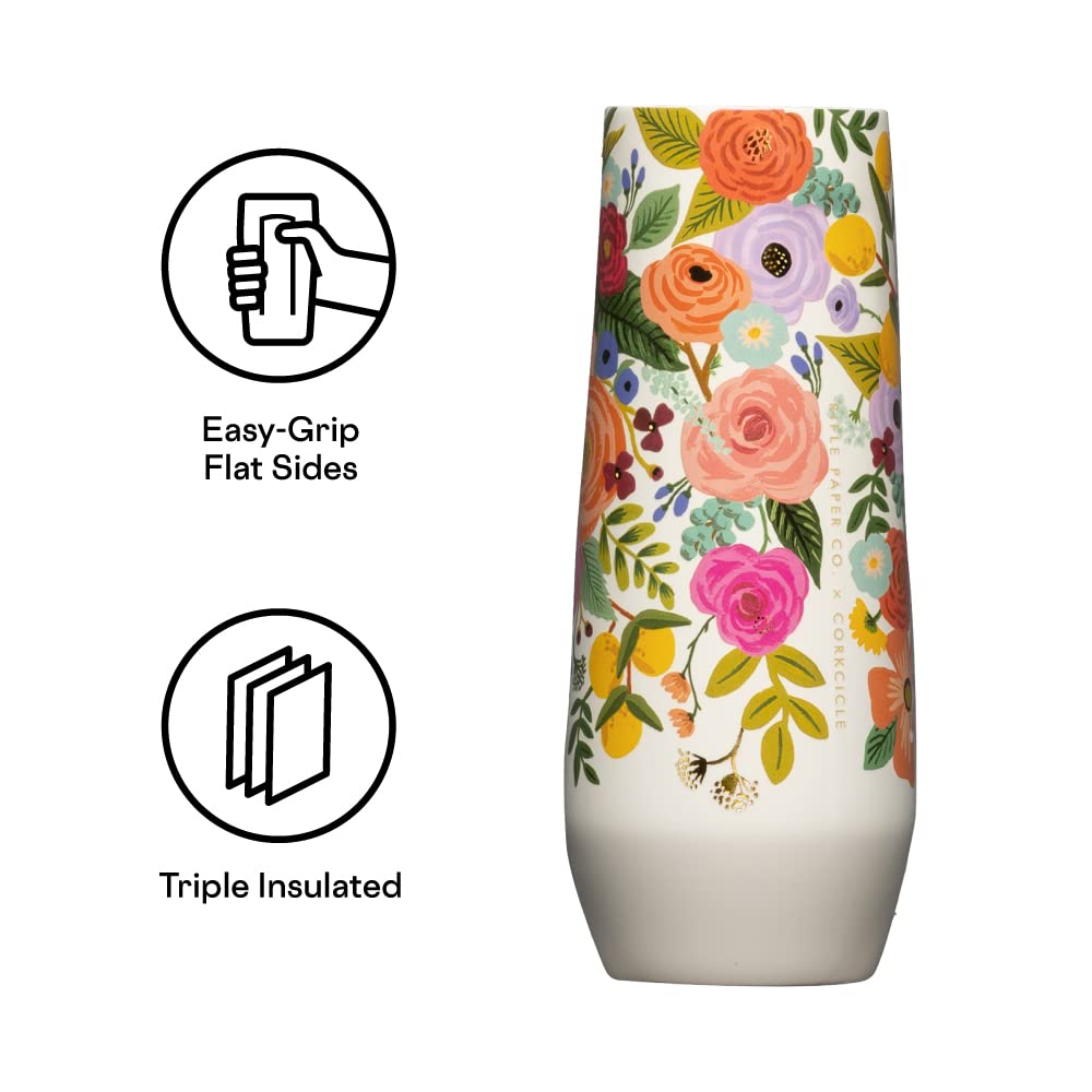 Corkcicle Stemless Flute, Triple Insulated Stainless Steel, Easy Grip, Non-slip Bottom, Keeps Beverages Chilled for 9 Hours, Garden Party Cream, 7 oz