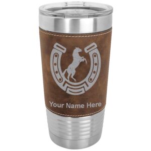 lasergram 20oz vacuum insulated tumbler mug, horseshoe with horse, personalized engraving included (faux leather, rustic)