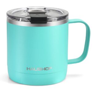 haushof 14 oz coffee mug, insulated coffee mug with handle, travel camping cup, portable stainless steel coffee cup, insulated coffee cups with lid, lake blue