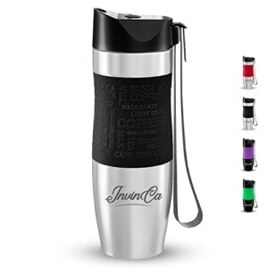 INVINCA ONE-CLICK Travel Mug: Thermal Vacuum-Insulated Coffee Mug, Double-Wall Stainless Steel Durable Mug with a Leak Proof Lid for your Daily Hot/Cold/Ice Drinks: 16-oz Metal Cups, Silver/Black