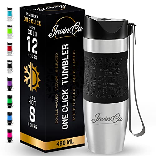 INVINCA ONE-CLICK Travel Mug: Thermal Vacuum-Insulated Coffee Mug, Double-Wall Stainless Steel Durable Mug with a Leak Proof Lid for your Daily Hot/Cold/Ice Drinks: 16-oz Metal Cups, Silver/Black