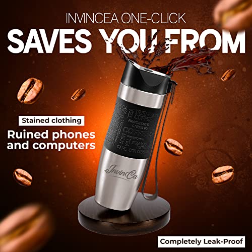 INVINCA ONE-CLICK Travel Mug: Thermal Vacuum-Insulated Coffee Mug, Double-Wall Stainless Steel Durable Mug with a Leak Proof Lid for your Daily Hot/Cold/Ice Drinks: 16-oz Metal Cups, Silver/Black