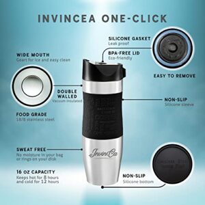 INVINCA ONE-CLICK Travel Mug: Thermal Vacuum-Insulated Coffee Mug, Double-Wall Stainless Steel Durable Mug with a Leak Proof Lid for your Daily Hot/Cold/Ice Drinks: 16-oz Metal Cups, Silver/Black