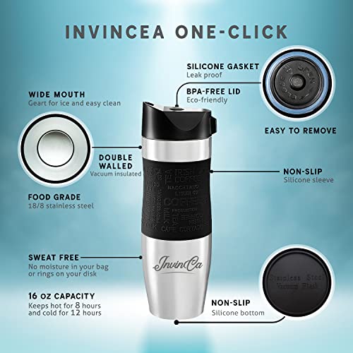 INVINCA ONE-CLICK Travel Mug: Thermal Vacuum-Insulated Coffee Mug, Double-Wall Stainless Steel Durable Mug with a Leak Proof Lid for your Daily Hot/Cold/Ice Drinks: 16-oz Metal Cups, Silver/Black