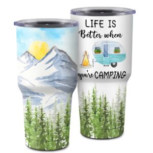 camping gifts for outdoorsmen - funny camping insulated stainless steel tumbler with lid, 30 oz - coffee camping cup travel mug for women men fathers day, birthday, coffee, dad, happy camper