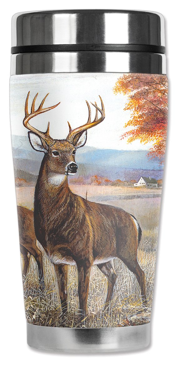 Mugzie "White Tail Deer" Stainless Steel Travel Mug with Insulated Wetsuit Cover, 20 oz, Black