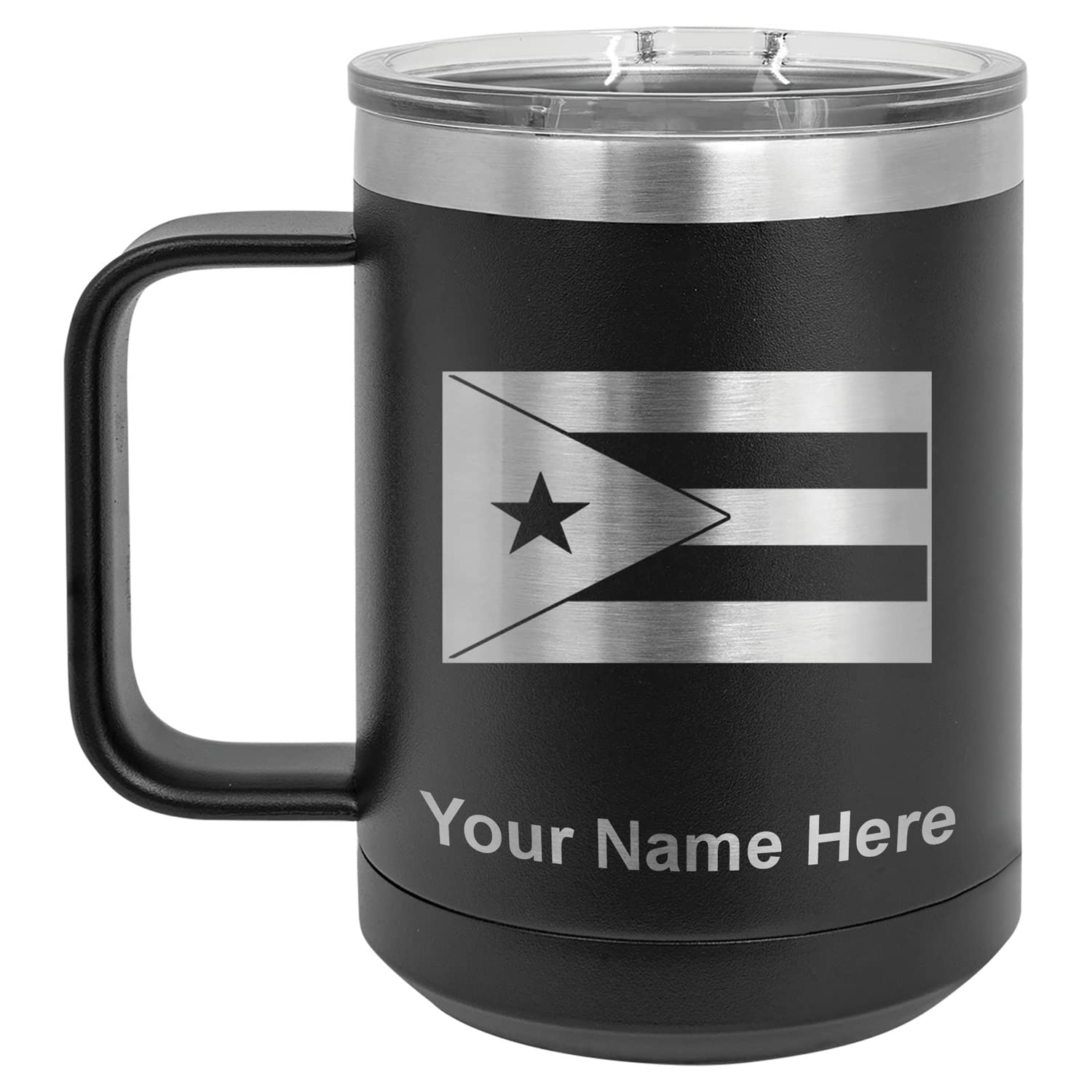 LaserGram 15oz Vacuum Insulated Coffee Mug, Flag of Puerto Rico, Personalized Engraving Included (Black)