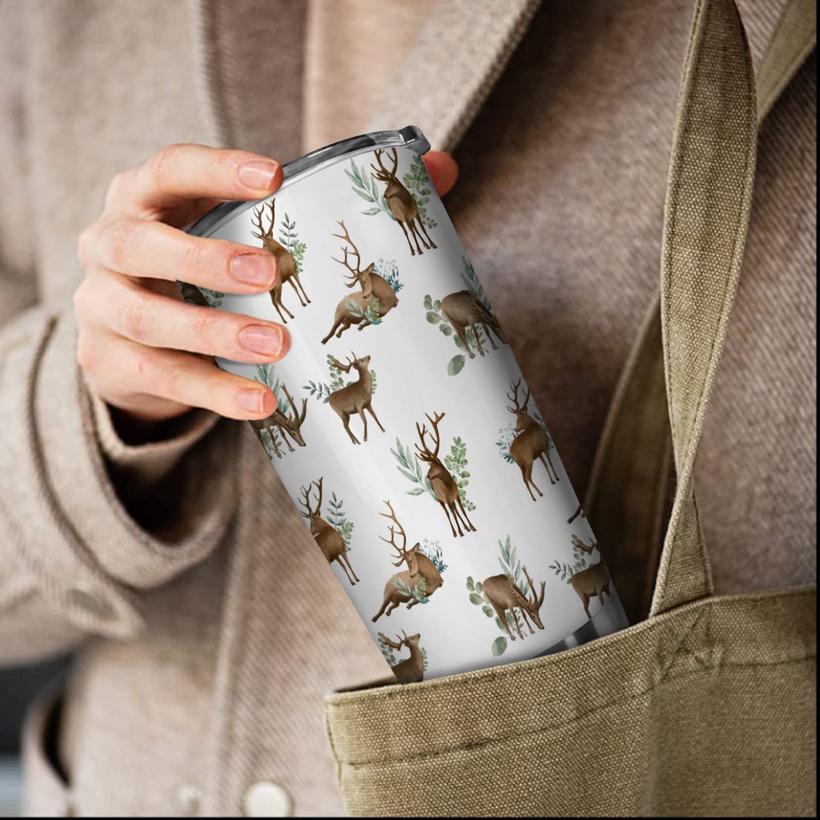 Deer Forest Tumbler with Sliding Lid Animal Travel Mug Stainless Steel Coffee Mugs Double Walled Water Cups for Home Office School Outdoor Gifts Deer Forest 20oz