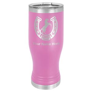 lasergram 14oz vacuum insulated pilsner mug, horseshoe with horse, personalized engraving included (light purple)