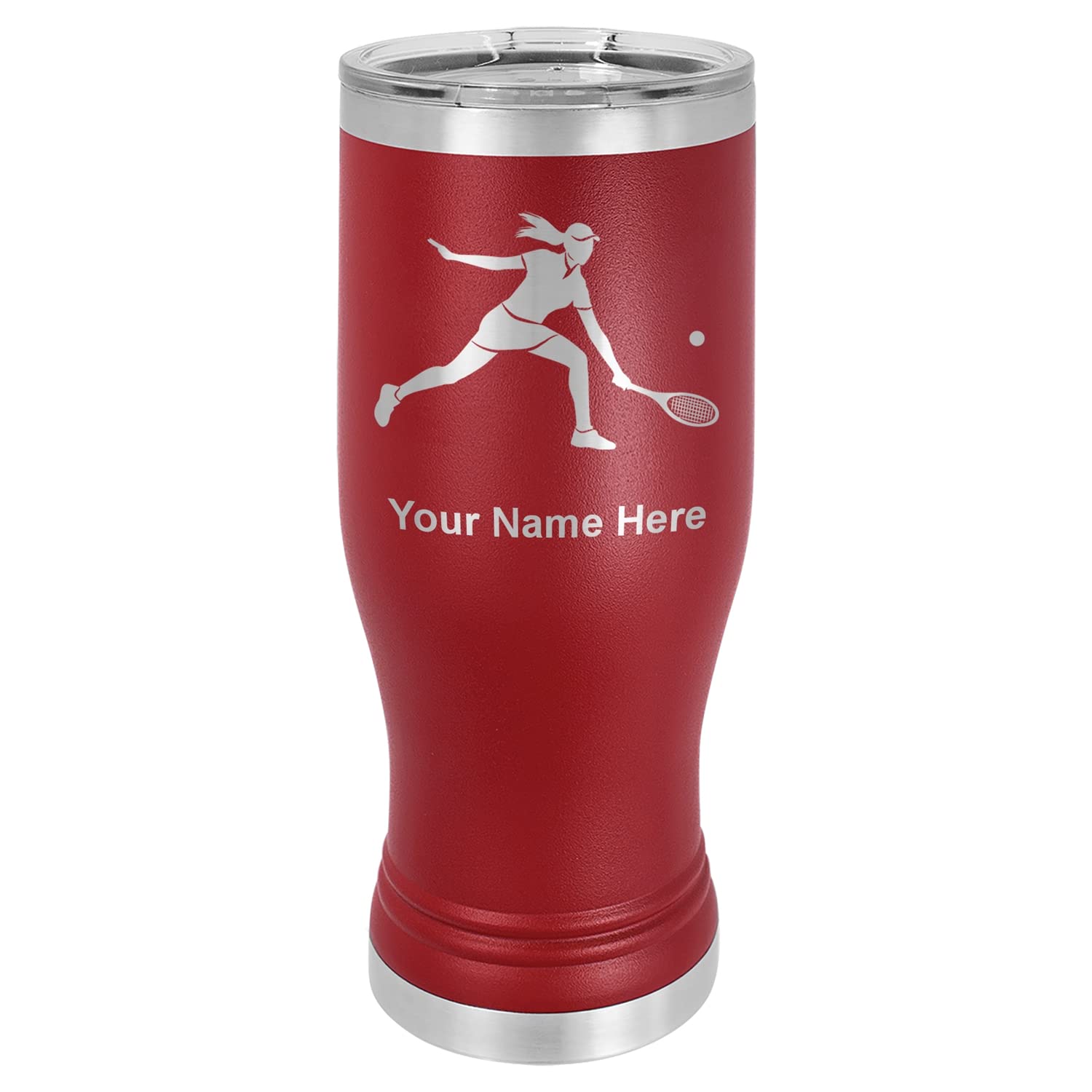 LaserGram 14oz Vacuum Insulated Pilsner Mug, Tennis Player Woman, Personalized Engraving Included (Maroon)