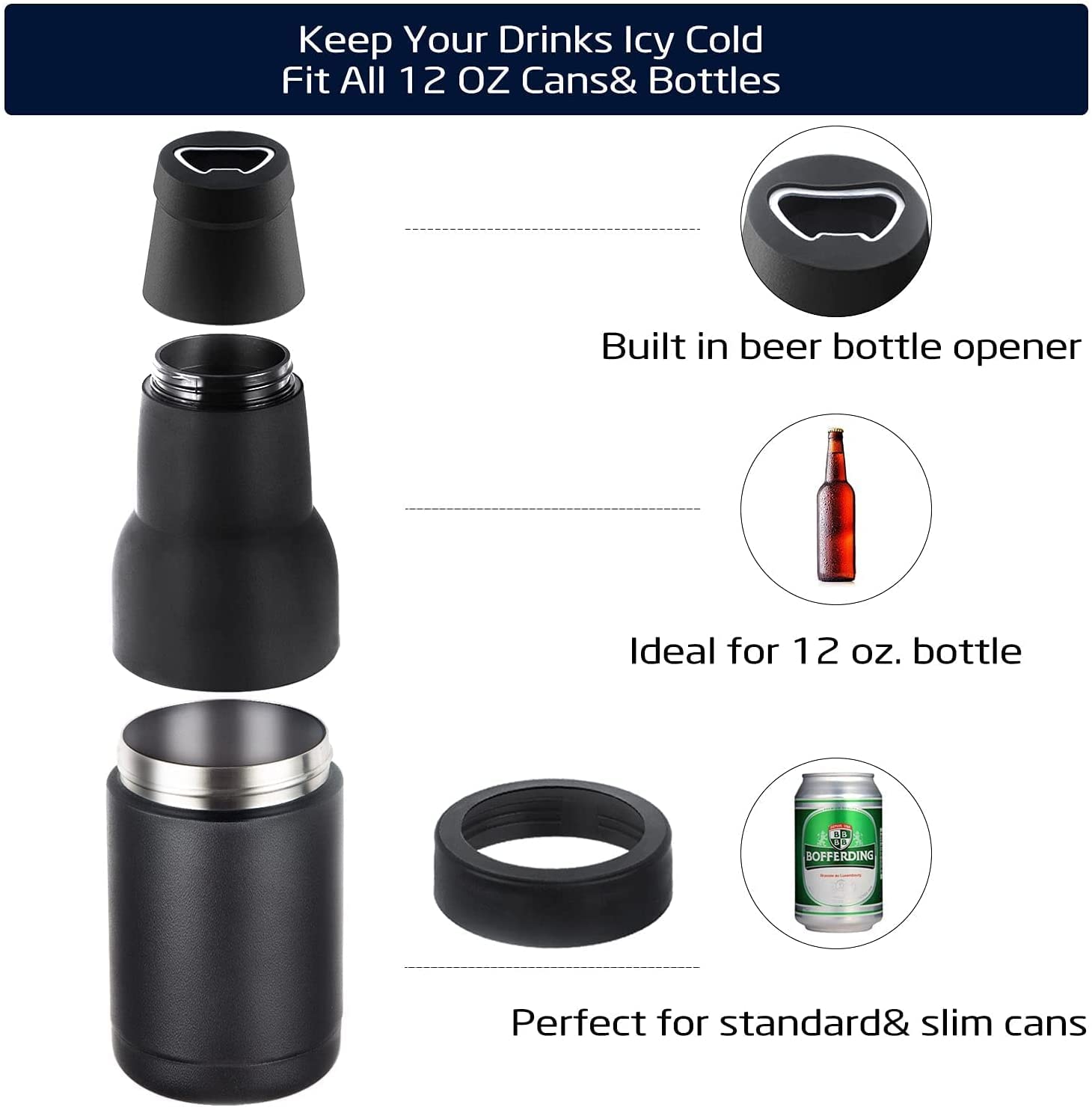 Stainless Steel Vacuum Insulated Double Walled Stainless Steel Cooler with Beer Opener 3 in 1 Beer Bottle and Can Cooler, 12 oz. Slim Can Insulator Holder (green)