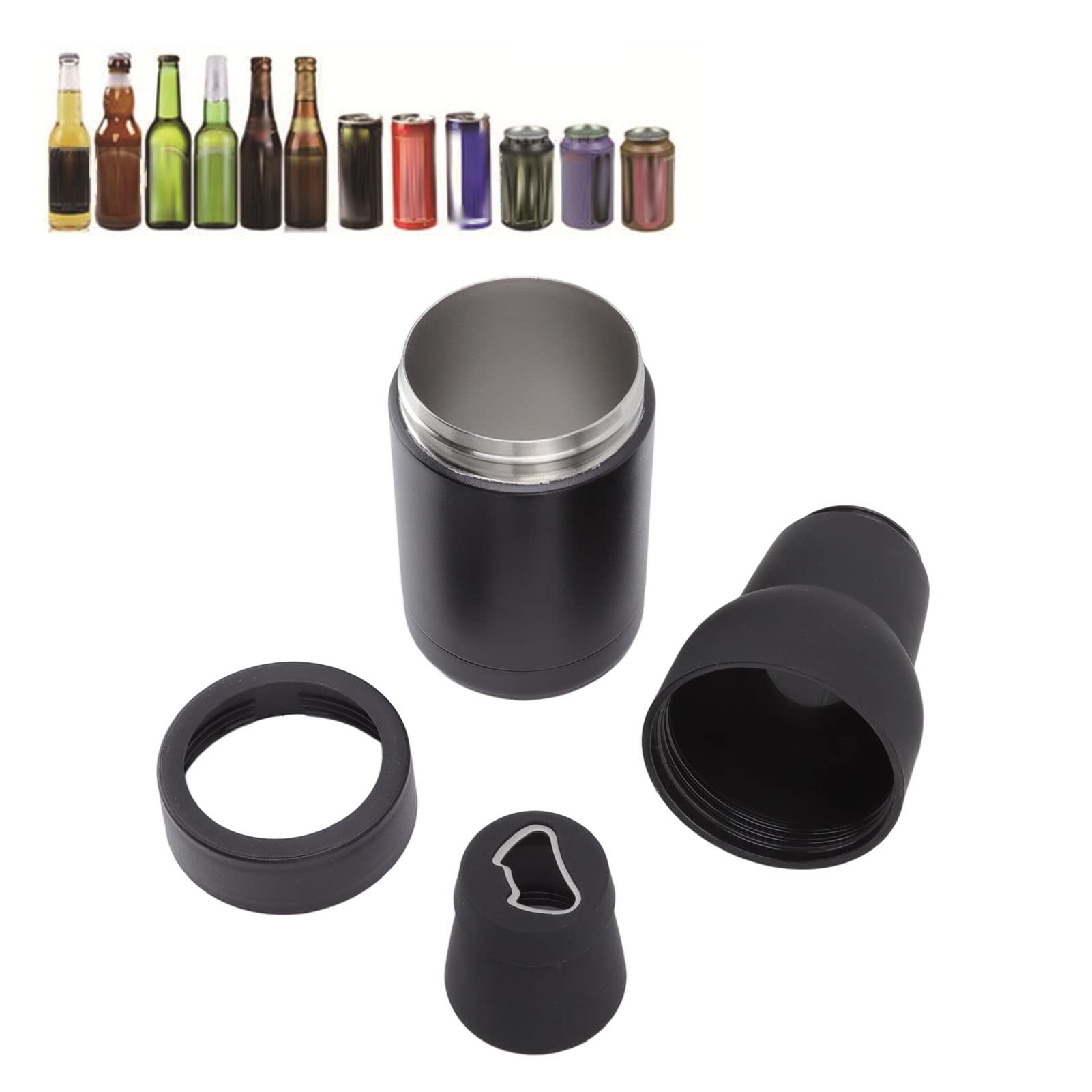 Vacuum Insulated Beer Bottle & Can Cooler with Beer Opener, Stainless Steel Beer Can Double Walled Black Simple Insulated Cola Can with Bottle Opener for Home Outdoor Camping