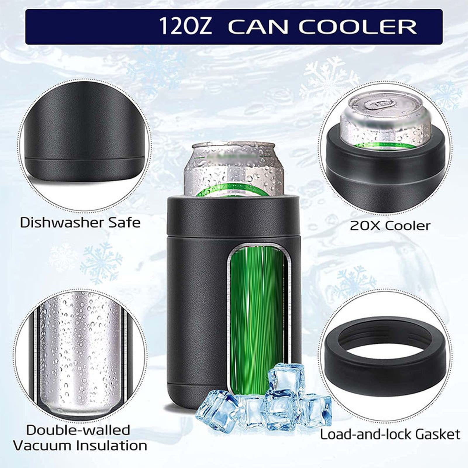 Vacuum Insulated Beer Bottle & Can Cooler with Beer Opener, Stainless Steel Beer Can Double Walled Black Simple Insulated Cola Can with Bottle Opener for Home Outdoor Camping