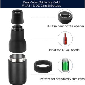 Vacuum Insulated Beer Bottle & Can Cooler with Beer Opener, Stainless Steel Beer Can Double Walled Black Simple Insulated Cola Can with Bottle Opener for Home Outdoor Camping