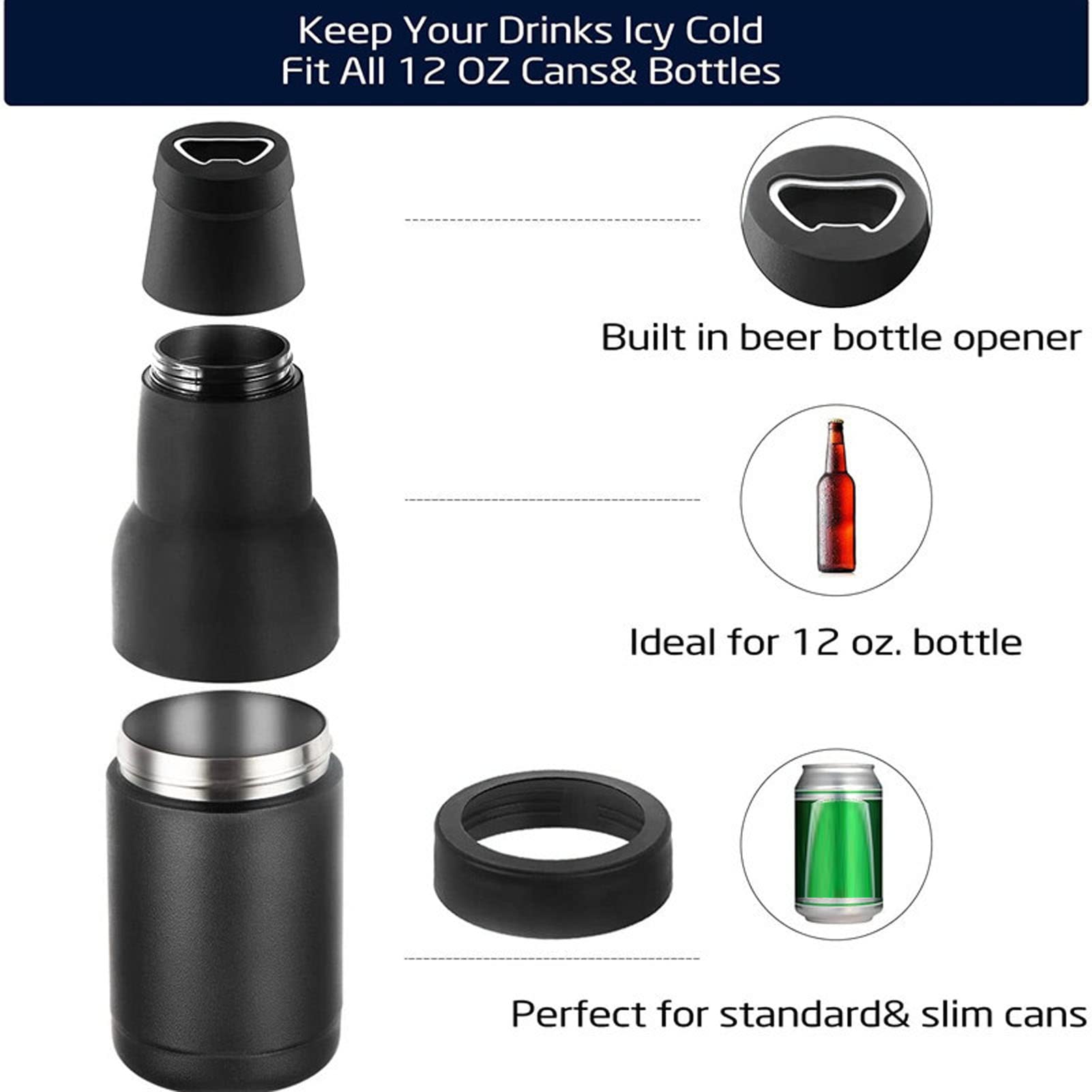 Vacuum Insulated Beer Bottle & Can Cooler with Beer Opener, Stainless Steel Beer Can Double Walled Black Simple Insulated Cola Can with Bottle Opener for Home Outdoor Camping