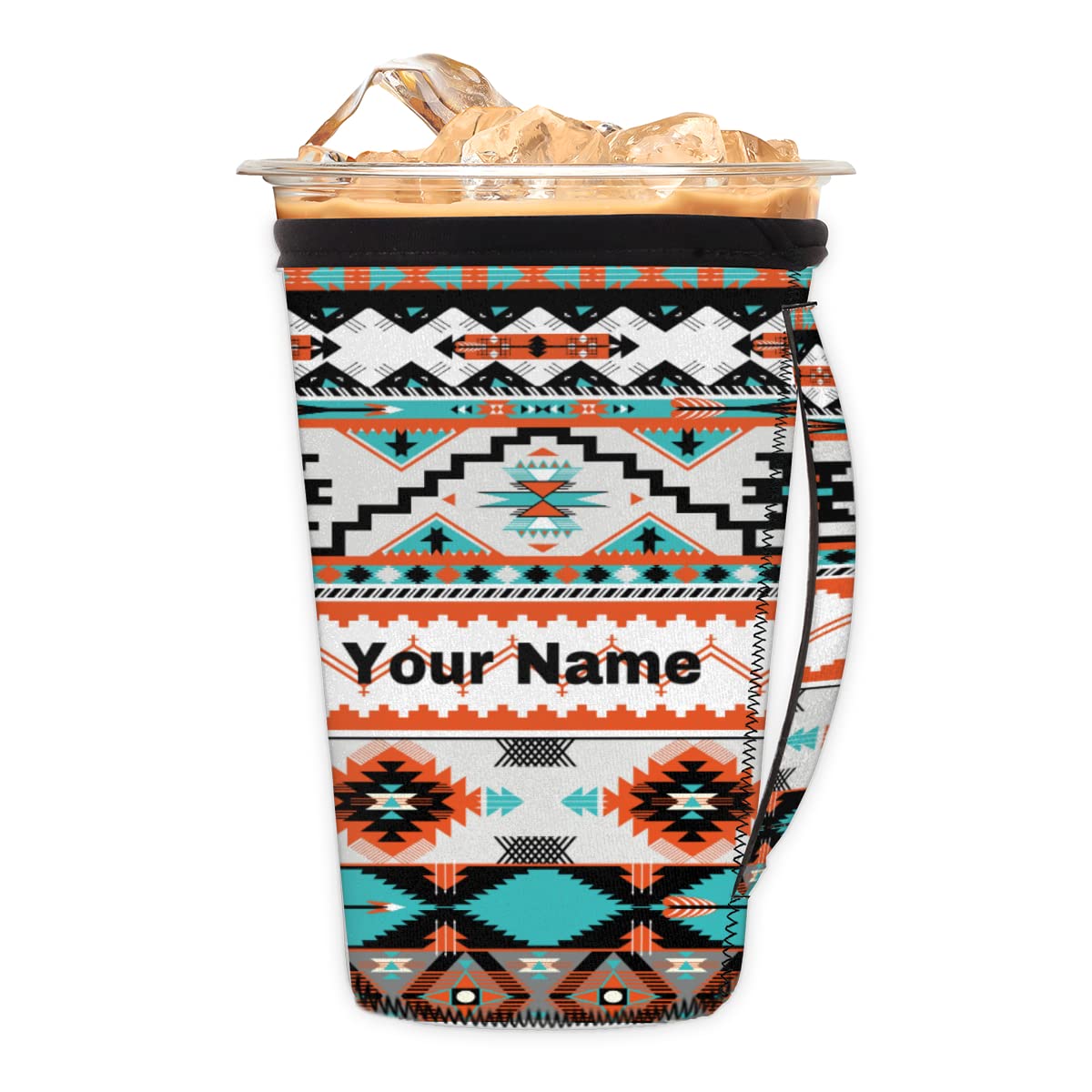 Ethnic Aztec Geometric Customize Coffee Sleeve Personalized Custom Coffee Sleeve with Handle Reusable Coffee Cover Neoprene Insulator Cup Sleeve for Hot&Cold Coffee Drink Beverages Size L for 30-32 oz