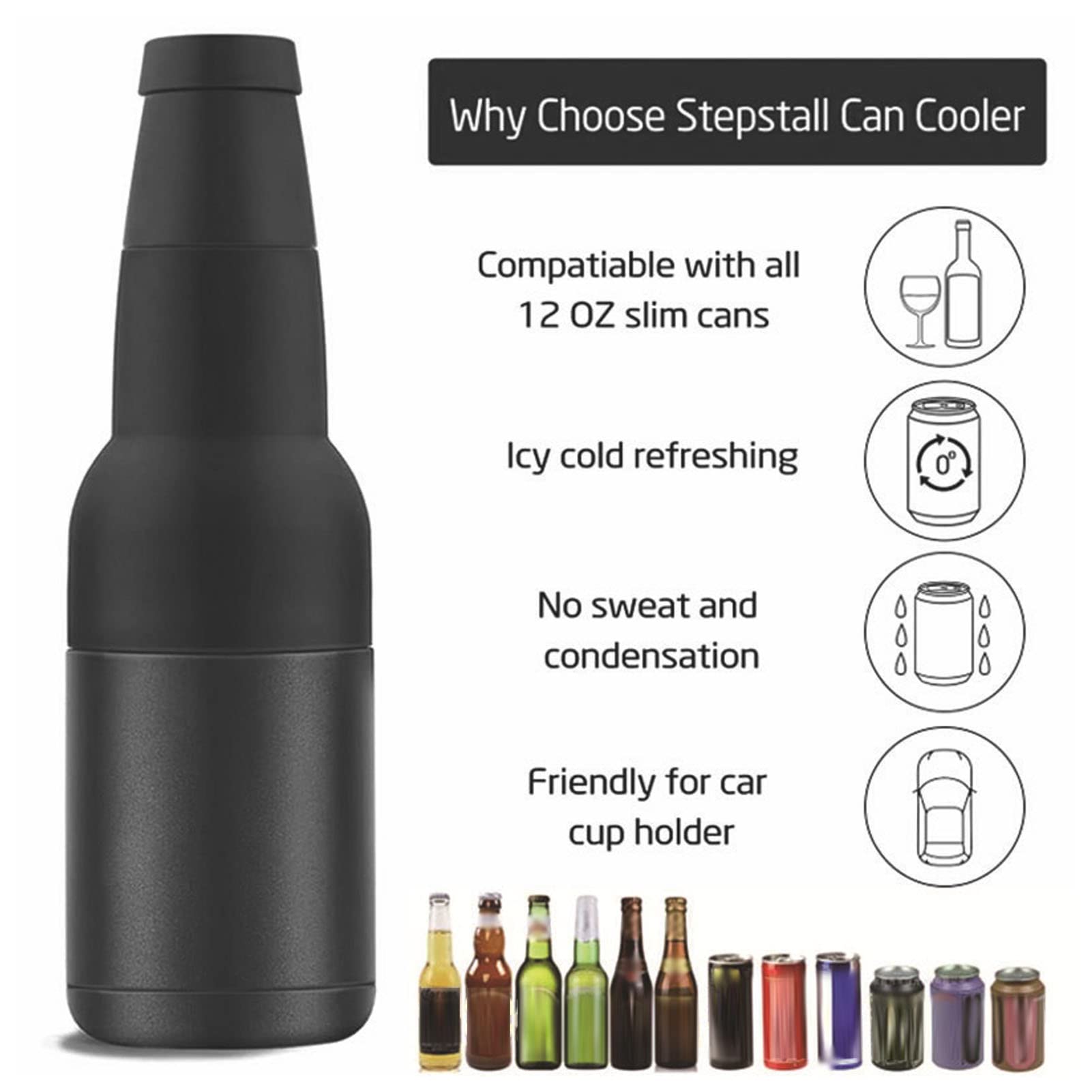 Stainless Steel Beer Cola Can with Opener, Double Walled Black Insulated Beverage Cooler for Home Outdoor Camping