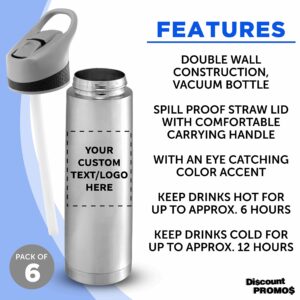 Custom Double Wall Stainless Steel Bottles 18 oz. Set of 6, Personalized Bulk Pack - Perfect for Water, Energy Drink, Iced Tea, Soda, Other Hot and Cold Beverages - Black