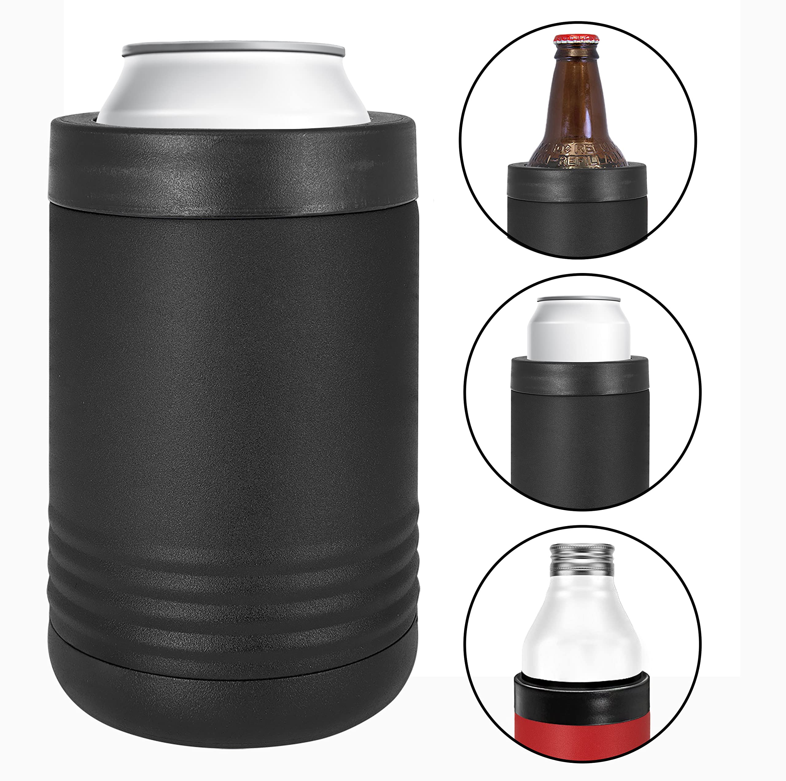 Stainless Steel 12 oz Double Wall Vacuum Insulated Can or Bottle Cooler Keeps Beverage Cold for Hours Beverage Holder Fits 16 oz Cans - Men Women Gift (Black)