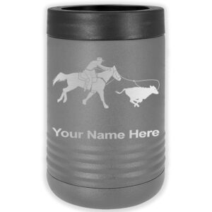 lasergram double wall insulated beverage can holder, cowgirl roping a calf, personalized engraving included (standard can, gray)