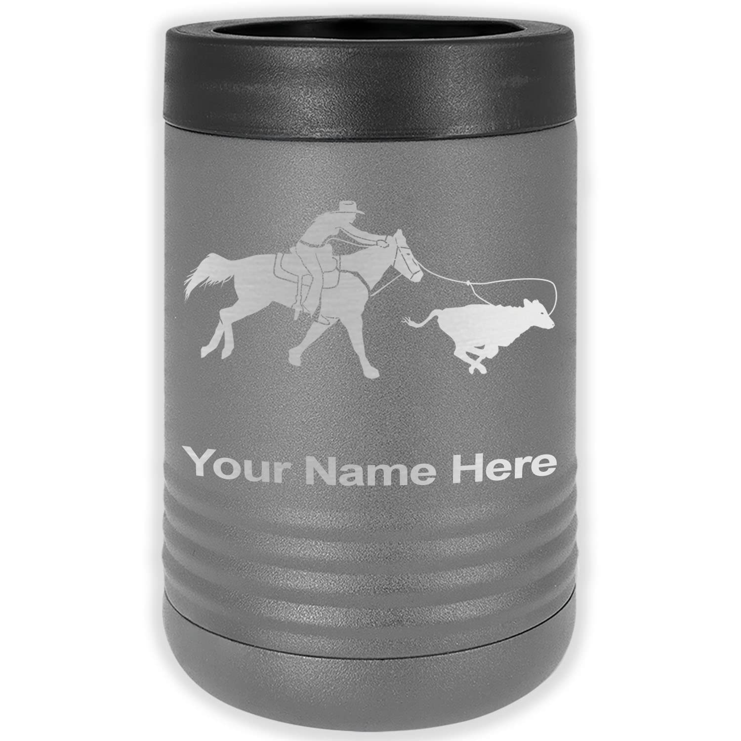 LaserGram Double Wall Insulated Beverage Can Holder, Cowgirl Roping a Calf, Personalized Engraving Included (Standard Can, Gray)