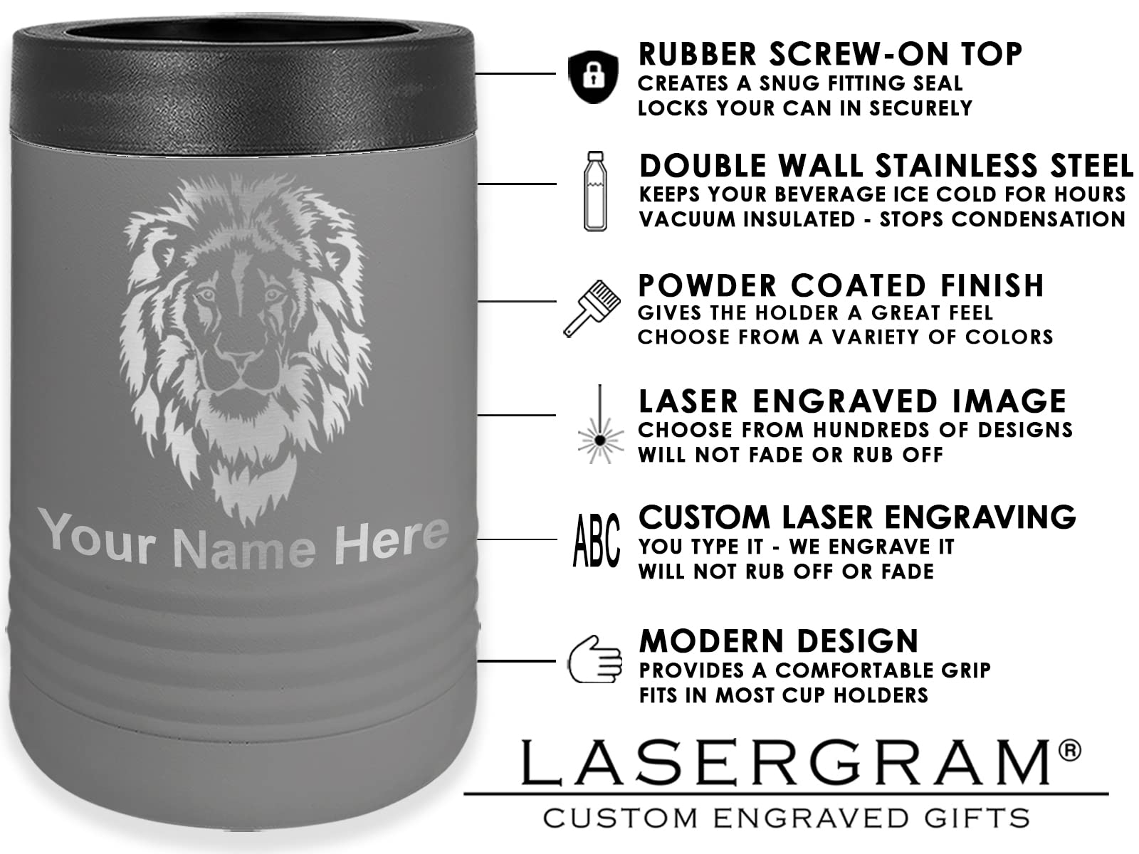 LaserGram Double Wall Insulated Beverage Can Holder, Hecho en Nuevo Leon, Personalized Engraving Included (Standard Can, Gray)