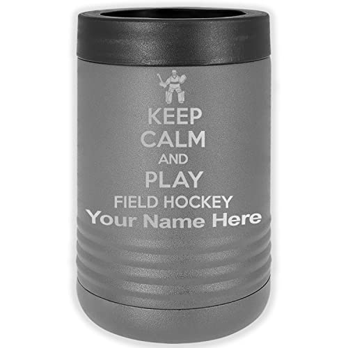 LaserGram Double Wall Insulated Beverage Can Holder, Keep Calm and Play Field Hockey, Personalized Engraving Included (Standard Can, Gray)