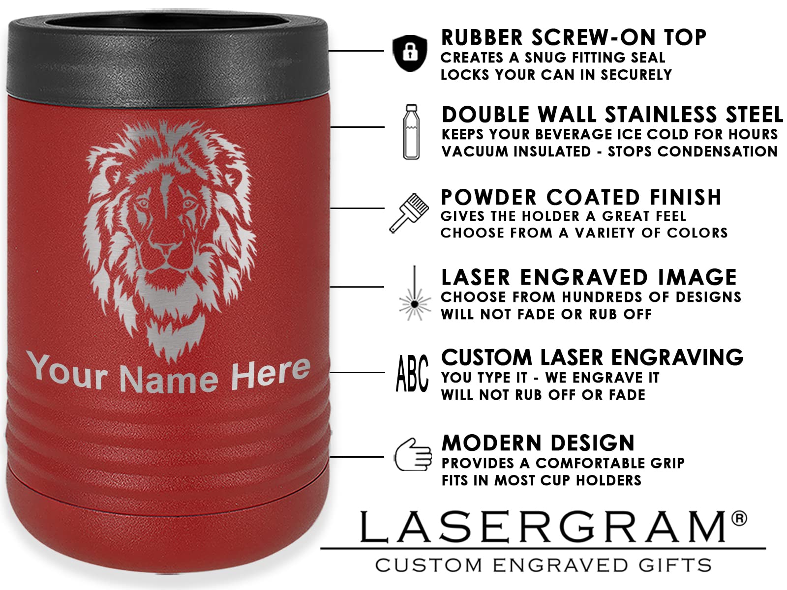 LaserGram Double Wall Insulated Beverage Can Holder, Horse Head 1, Personalized Engraving Included (Standard Can, Maroon)