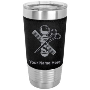 lasergram 20oz vacuum insulated tumbler mug, barber shop pole, personalized engraving included (faux leather, black)