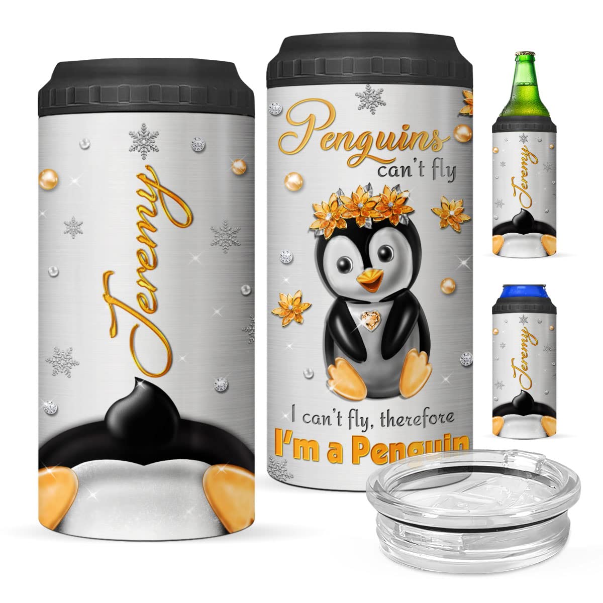 KOIXA Personalized Can Cooler Penguin Tumbler Stainless Steel Insulated Coozie 4-in-1 Beverage Can Holder Travel Cup Cute Animal Flower Christmas Birthday Gifts For Teens Girls