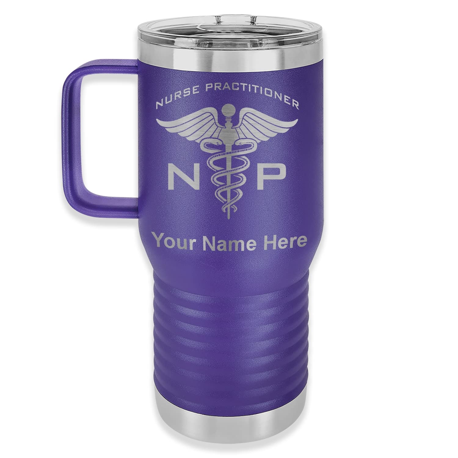 LaserGram 20oz Vacuum Insulated Travel Mug with Handle, NP Nurse Practitioner, Personalized Engraving Included (Dark Purple)