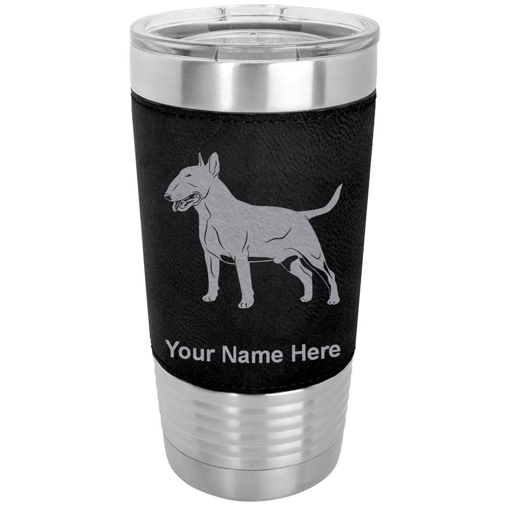 LaserGram 20oz Vacuum Insulated Tumbler Mug, Bull Terrier Dog, Personalized Engraving Included (Faux Leather, Black)