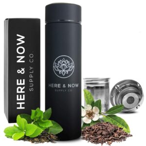 here & now tea infuser bottle | water bottle with tea infuser set | stainless steel tea infuser travel mug | double walled tea bottle | loose leaf tea infusers | tea bottle with infusers (zen black)