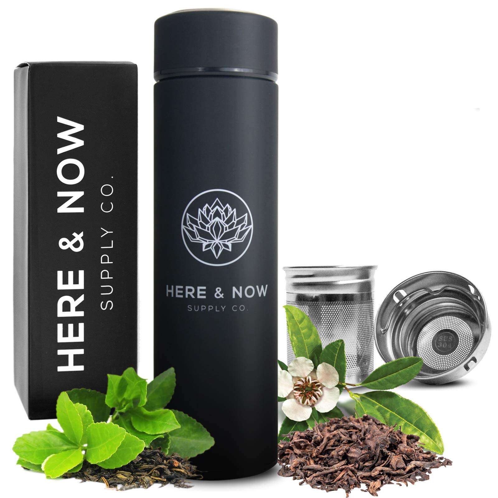 Here & Now Tea Infuser Bottle | Water Bottle With Tea Infuser Set | Stainless Steel Tea Infuser Travel Mug | Double Walled Tea Bottle | Loose Leaf Tea Infusers | Tea Bottle With Infusers (Zen Black)