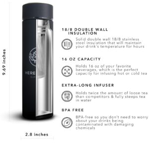 Here & Now Tea Infuser Bottle | Water Bottle With Tea Infuser Set | Stainless Steel Tea Infuser Travel Mug | Double Walled Tea Bottle | Loose Leaf Tea Infusers | Tea Bottle With Infusers (Zen Black)