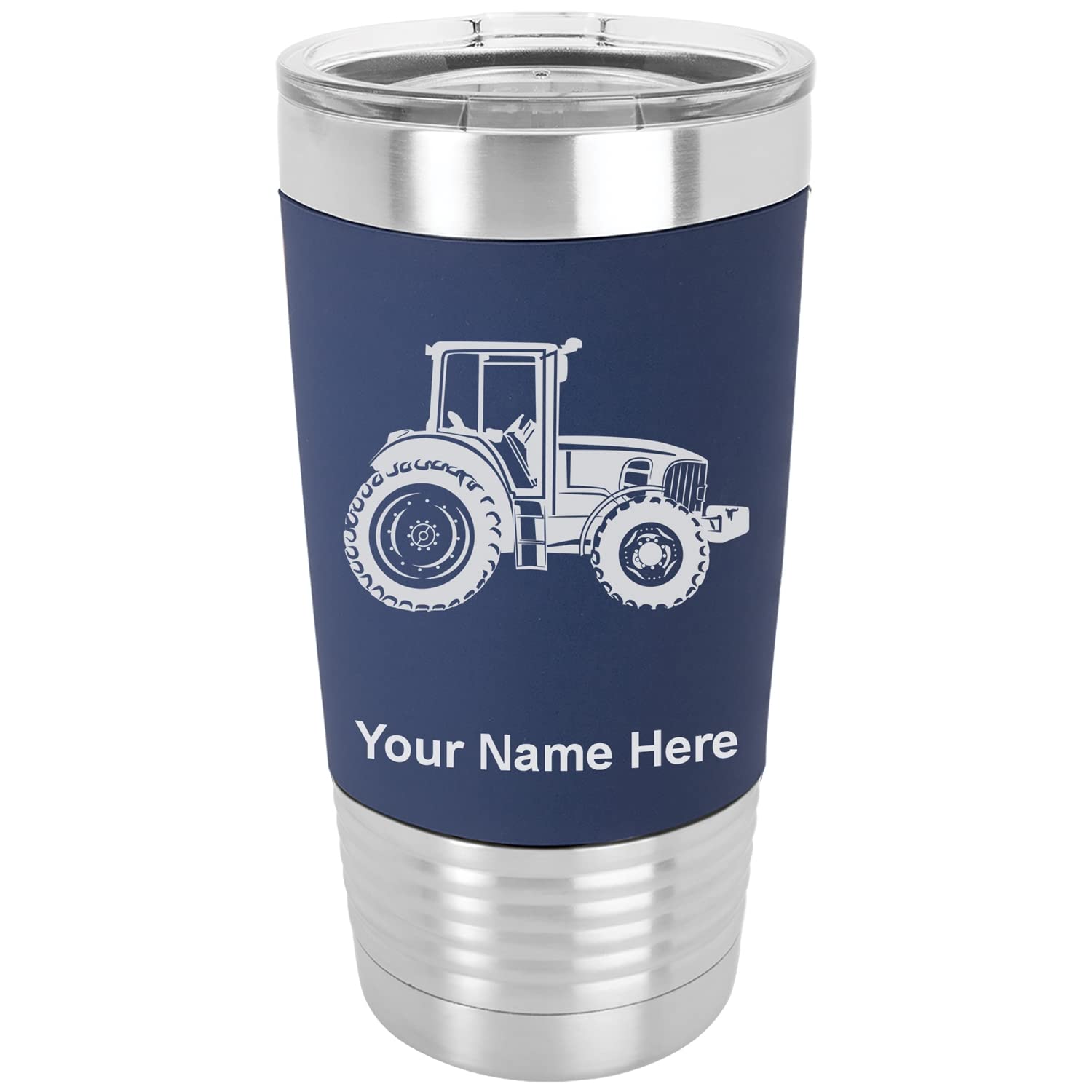 LaserGram 20oz Vacuum Insulated Tumbler Mug, Farm Tractor, Personalized Engraving Included (Silicone Grip, Navy Blue)