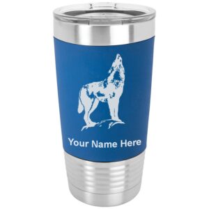 lasergram 20oz vacuum insulated tumbler mug, howling wolf, personalized engraving included (silicone grip, dark blue)