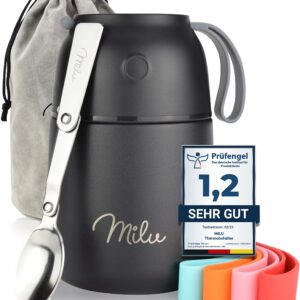 Milu Soup Thermos for hot food | 15oz Insulated Food Container for Kids Adults | Stainless Steel Food Jar with Spoon | 12 Hours Hot : 24 Hours Cold - Black 15 oz