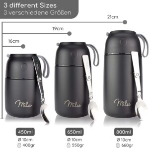 Milu Soup Thermos for hot food | 15oz Insulated Food Container for Kids Adults | Stainless Steel Food Jar with Spoon | 12 Hours Hot : 24 Hours Cold - Black 15 oz