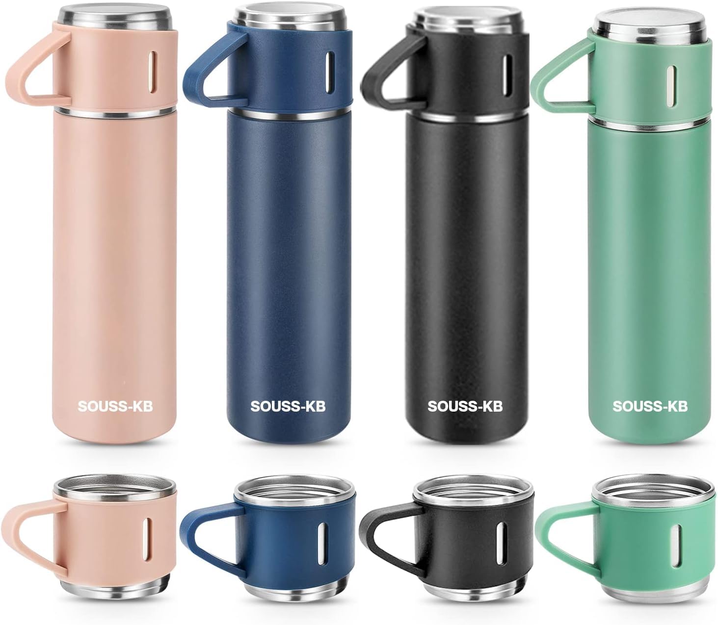 SOUSS-KB Stainless Steel Double Wall Vacuum Insulated Coffee Thermos- Keeps Drinks Hot & Cold for Hours, 2 IN 1 Bottle (500ML/17OZ) with Cups to Drinks (Black)