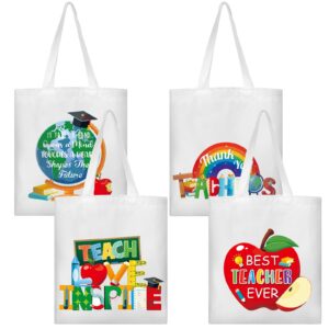 4 pack teacher appreciation tote bag thank you teacher gifts canvas bag teach appreciation gift for teacher day retirement (white)