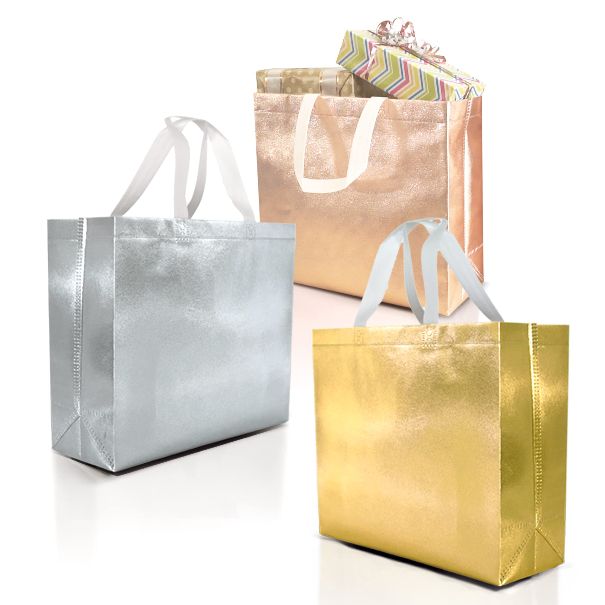 Nush Nush 15 Gift Bags Luxury Mix Color Set - 5 Rose Gold, 5 Silver, 5 Gold Reusable Gift Bags With White Handles - Ideal As Christmas Gift Bags, Goodie Bags, Birthday Gift Bags - 13Wx5Dx11H Size