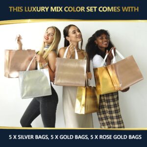 Nush Nush 15 Gift Bags Luxury Mix Color Set - 5 Rose Gold, 5 Silver, 5 Gold Reusable Gift Bags With White Handles - Ideal As Christmas Gift Bags, Goodie Bags, Birthday Gift Bags - 13Wx5Dx11H Size