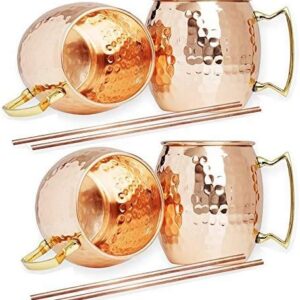 Hammered Moscow Mules Mug 560 ML/18 oz - Set of 4, Copper Plated (Free 4 pcs Wooden Coaster + 4 PCS copper straw )