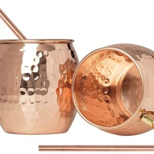 Hammered Moscow Mules Mug 560 ML/18 oz - Set of 4, Copper Plated (Free 4 pcs Wooden Coaster + 4 PCS copper straw )