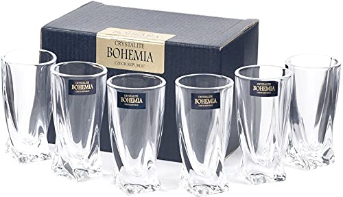 Czech Bohemian Crystal Glass Set of 6 Shot Glasses 1.7oz/50ml. Old Fashioned Style Elegant ''Quadro'' Design Tequila Scotch Bourbon Vodka Holiday Gift Birthday Wedding Housewarming Anniversary