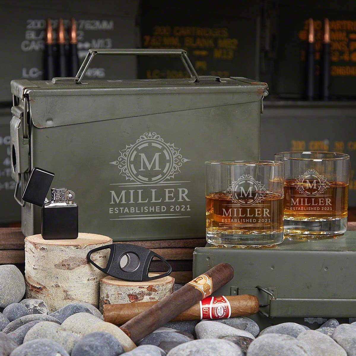 Custom 30 Cal Ammo Box and Whiskey Glasses Gift Set (Personalized Product)